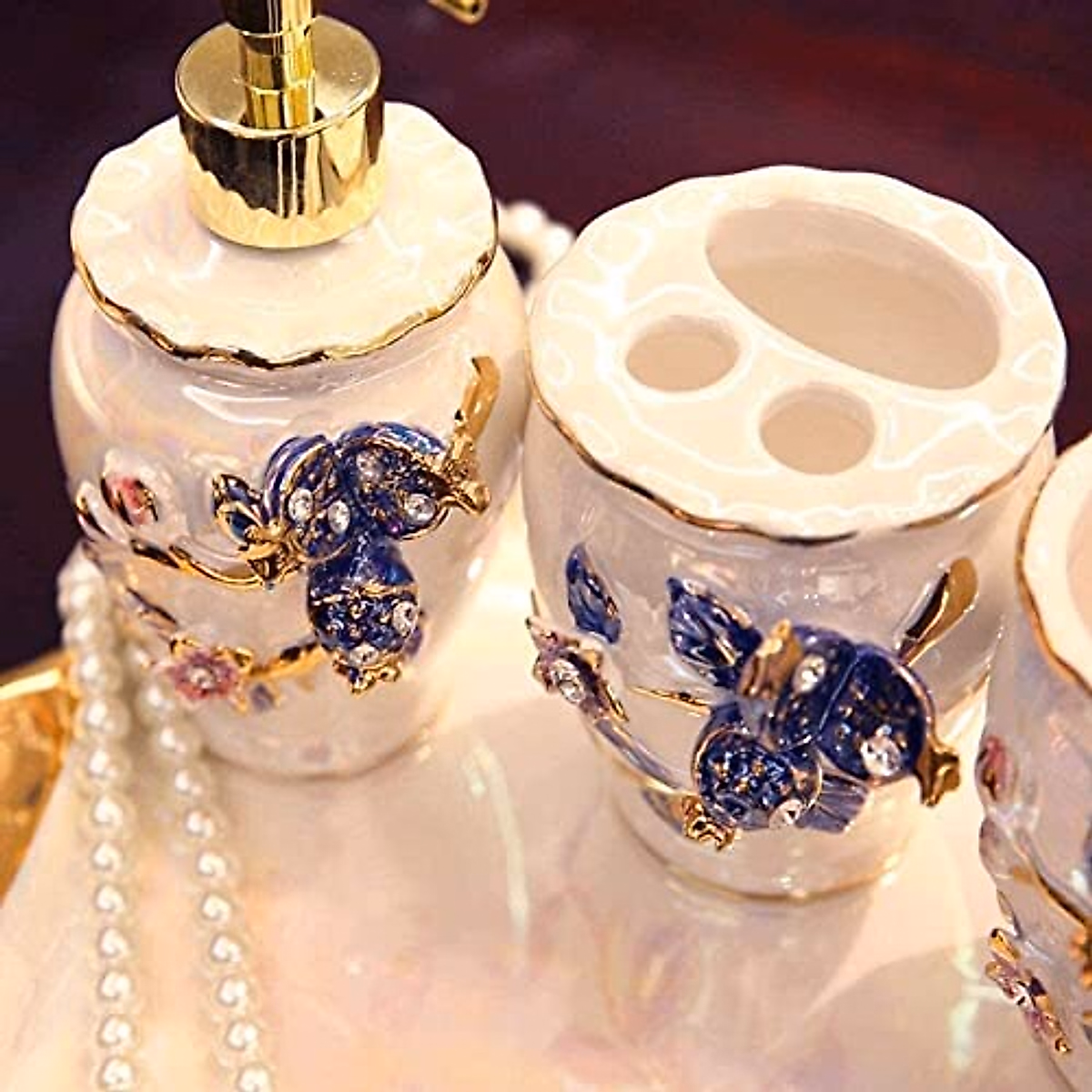 Ceramic Bathroom Five-Piece Set, Three-red Pomegranate Drill Dental Ware, Mouth Cup, Bathroom Washing Set (Color : Blue)