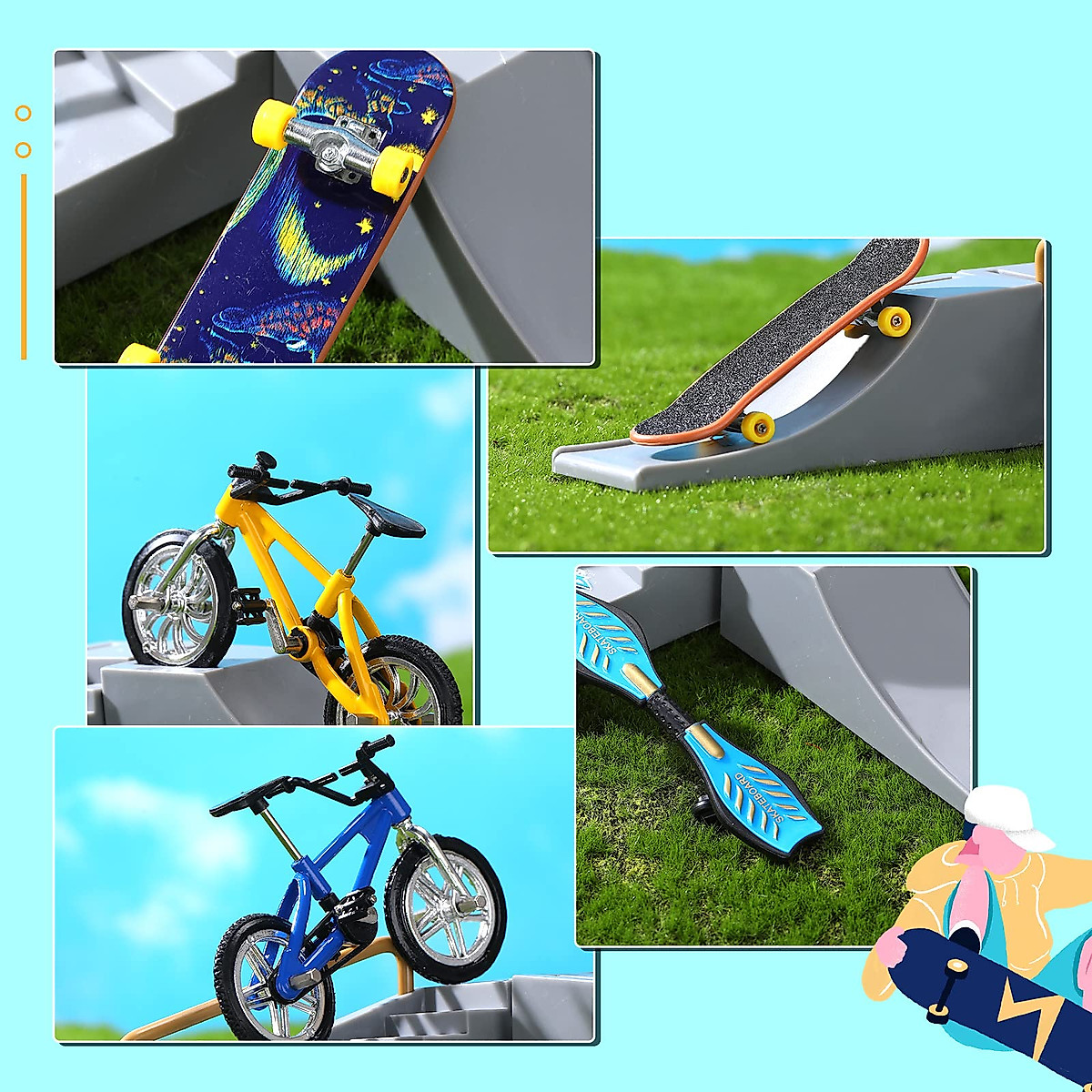 17 Pieces Finger Skateboard Ramp Set Skate Park Kit Ramp Parts Set Mini Finger Toys Set Finger Bike Skate Park Kit with Replacement Wheels and Tools for Kids Party Favor (Retro Color)