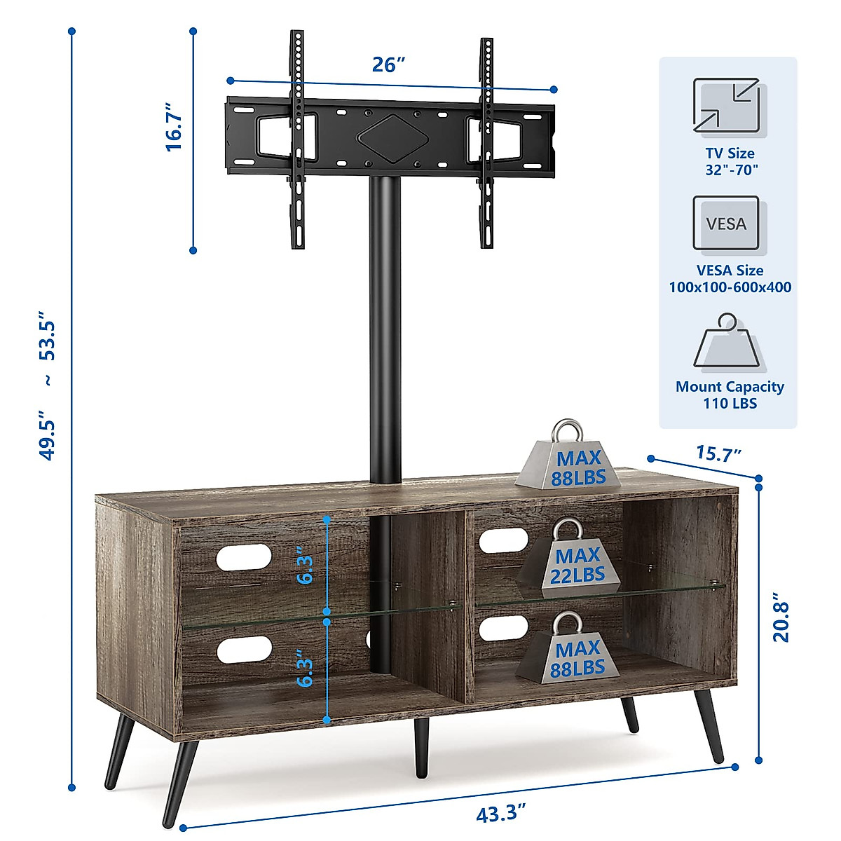 Rfiver Swivel Wood TV Stand with Mount for 32-70 Inch Flat Screen TVs, Entertainment Center with 4-Shelf Storage Cabinet for Media Console, Universal Floor TV Stand Cabinet for Home, Rustic Oak