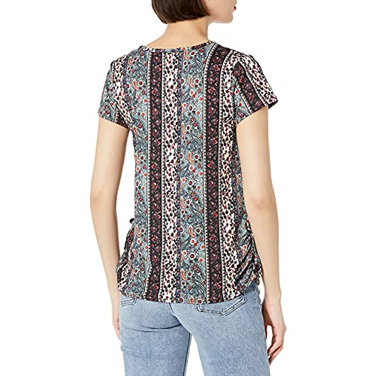 Star Vixen Women's Plus Size Short Sleeve V Neck Top with Ruched Side Detail, Sage Black Wallpaper, 3X