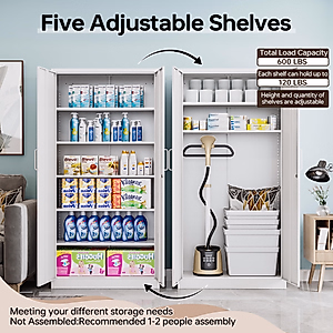 AFAIF Metal Storage Cabinet with Lock,71" White Garage Cabinet with 2 Doors and 5 Adjustable Shelves, Steel Locking Cabinets Tall Tool Storage Cabinet, Lockable File Cabinet for Home Office, Pantry