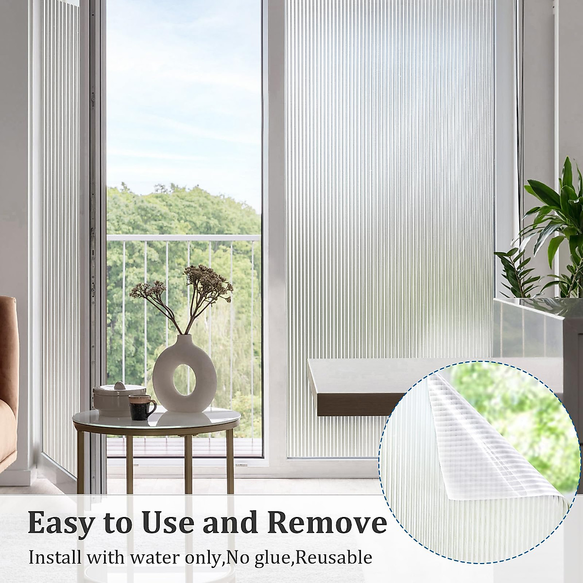 Windimiley Window Privacy Film Reeded Glass Window Clings Frosting Fluted Glass Window Stickers Frosted Bathroom Static Cling Heat UV Blocking Window Tint Decorative Window Coverings, 17.5x78.7 Inch