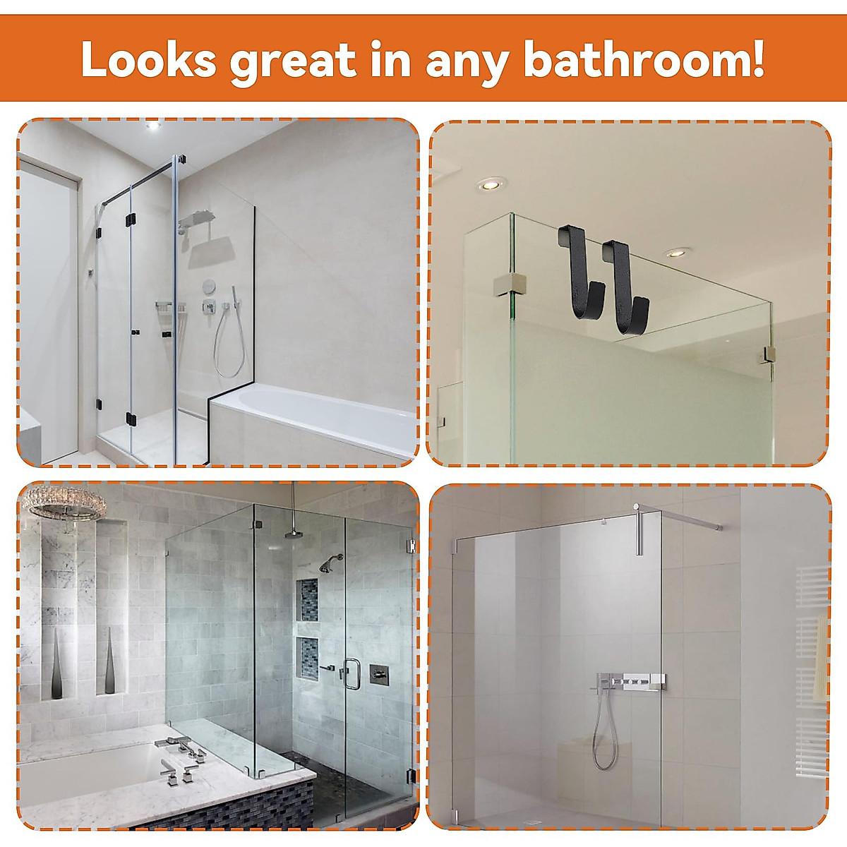 Qianyu 6 Pcs Heavy Duty Over Door Towel Hooks Shower Door Hook Drilling-Free Shower Squeegee Hooks Extended Towel Hooks Black Glue-Free Hooks for Bedroom Bathroom Frameless Glass Shower Door