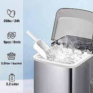 WATOOR Portable Ice Maker Machine for Countertop, 26 lbs Bullet Ice Cube in 24H, 9 Ice Cubes Ready in 6-9 Minutes,2.2L Ice Maker Machine with Ice Scoop and Basket Silver