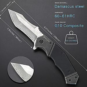 GVDV Damascus Steel Pocket Knife with G10 Handle, Handmade Folding Knife with Leather Sheath for Camping Survival, Knives for Men Dad Husband (Black)