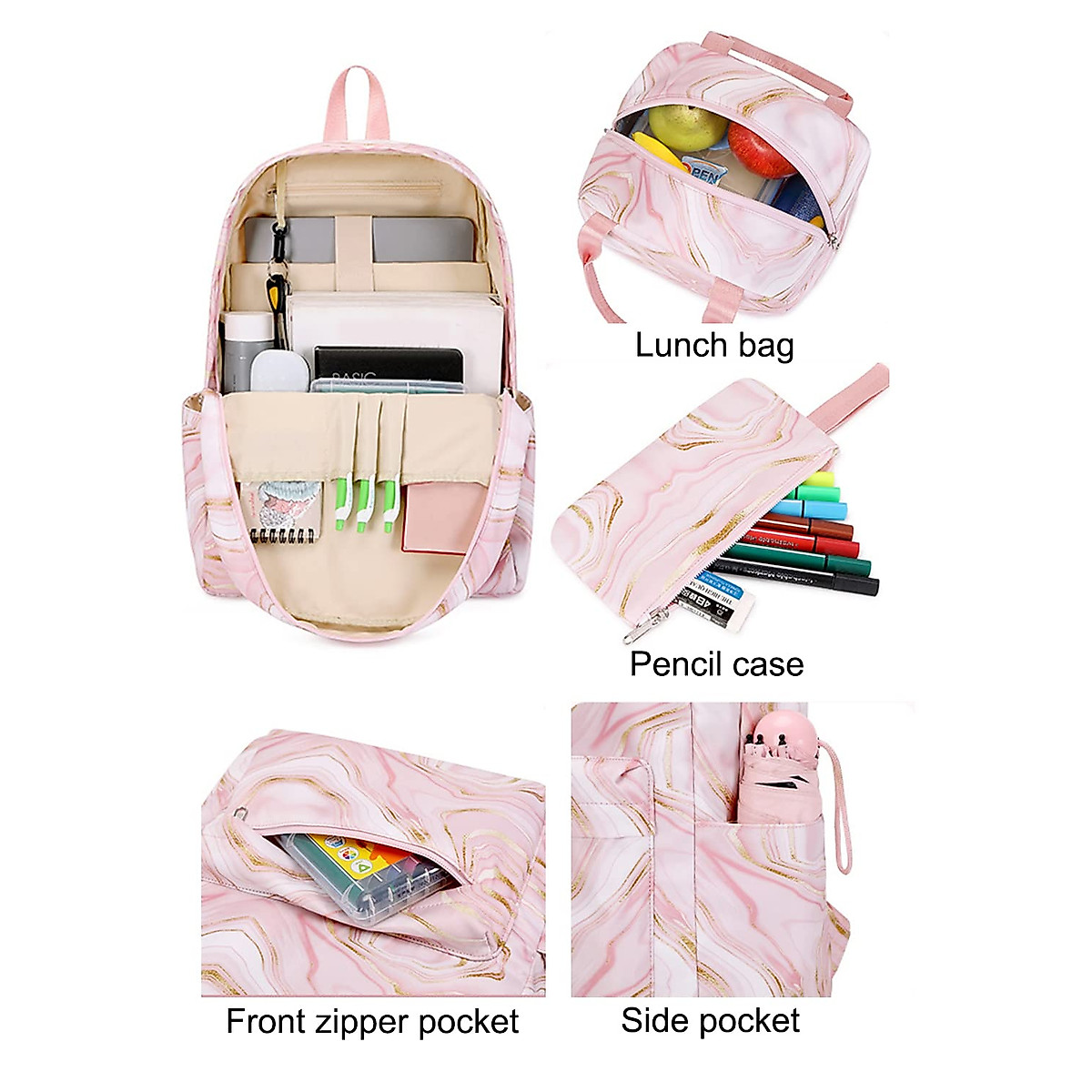 JiaYou Teens Girls Backpack Sets 3Pcs Daypack with Lunch bag Pencil case marble pattern print(Pink,20Liters)