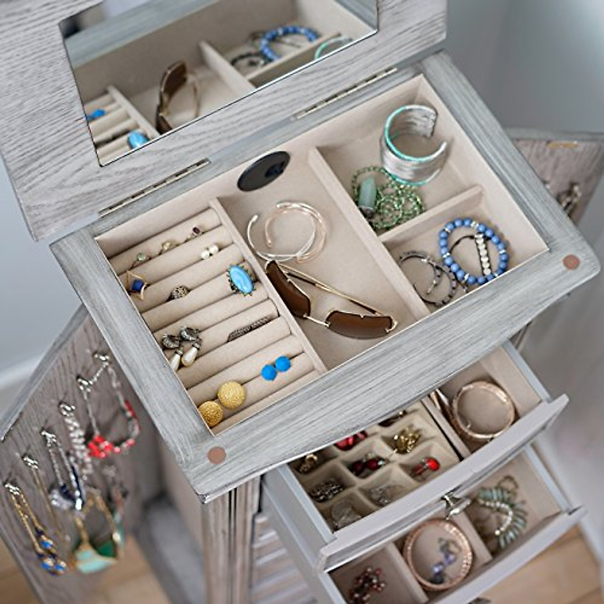 HIVES&HONEY Luke Wood Jewelry Cabinet Armoire Storage Box Chest Stand Organizer Necklace Holder in Smoke Grey