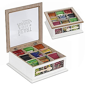 handrong Tea Box for Tea Bag Organizer Wooden Tea Bag Holder Tea Chest with 9 Compartments and Glass Cover for Home Tea Parties and Gift