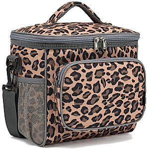 FlowFly Insulated Reusable Lunch Bag Adult Large Lunch Box for Women and Men with Adjustable Shoulder Strap,Front Zipper Pocket and Dual Large Mesh Side Pockets, Leopard
