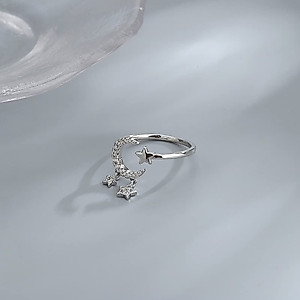 Crescent Moon Star Open Rings for Women Cubic Zirconia Dangle Tassel Adjustable Stacking Statement Knuckle Finger Ring Promise Wedding Promise Gift Anniversary Valentine's Day Fashion Jewelry Gifts Daughter