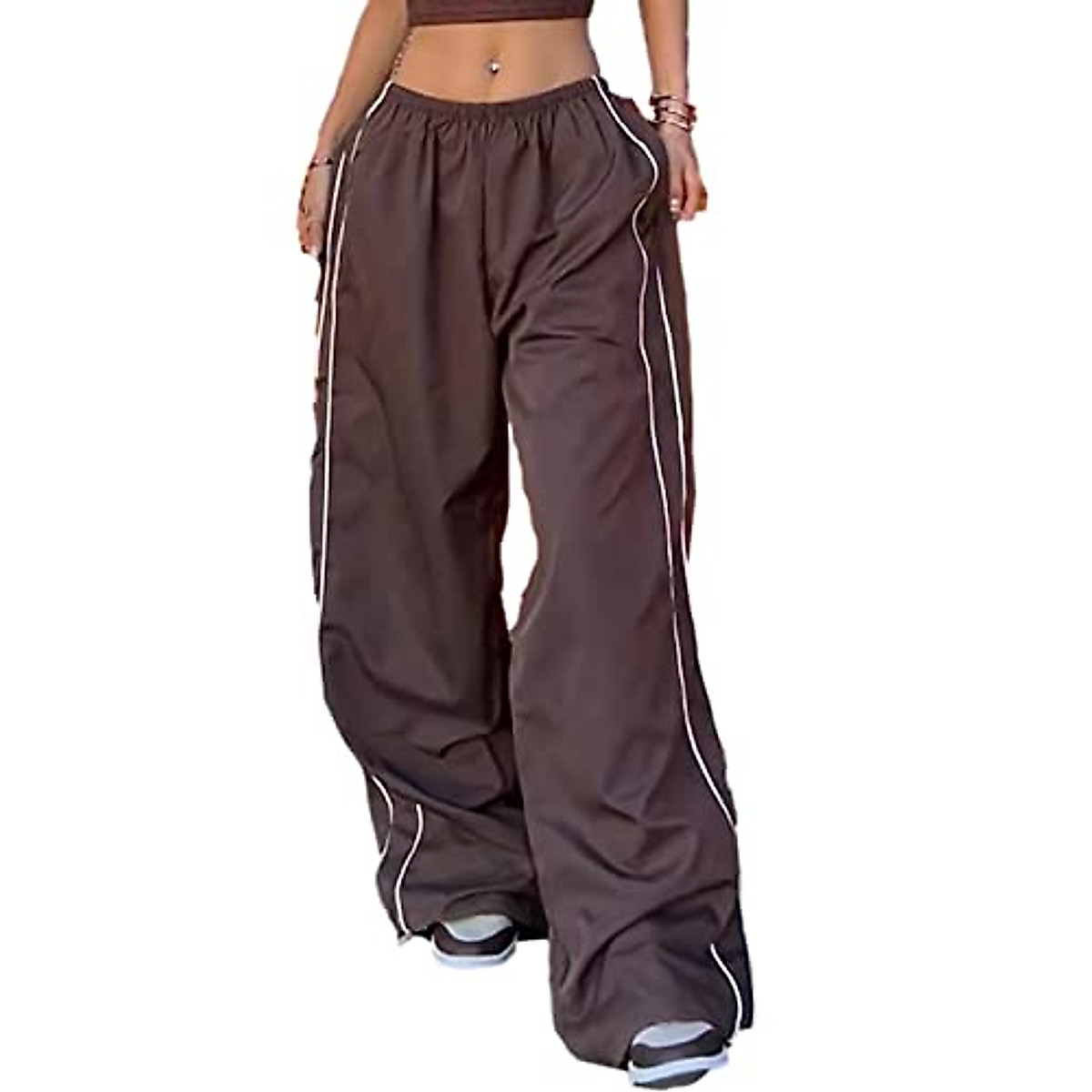 Shebote Womens Parachute Pants Wide Leg Baggy Pants Y2K Elastic Waist Jogger Sweatpants Track Pants Streetwear(0046-Coffee-S)