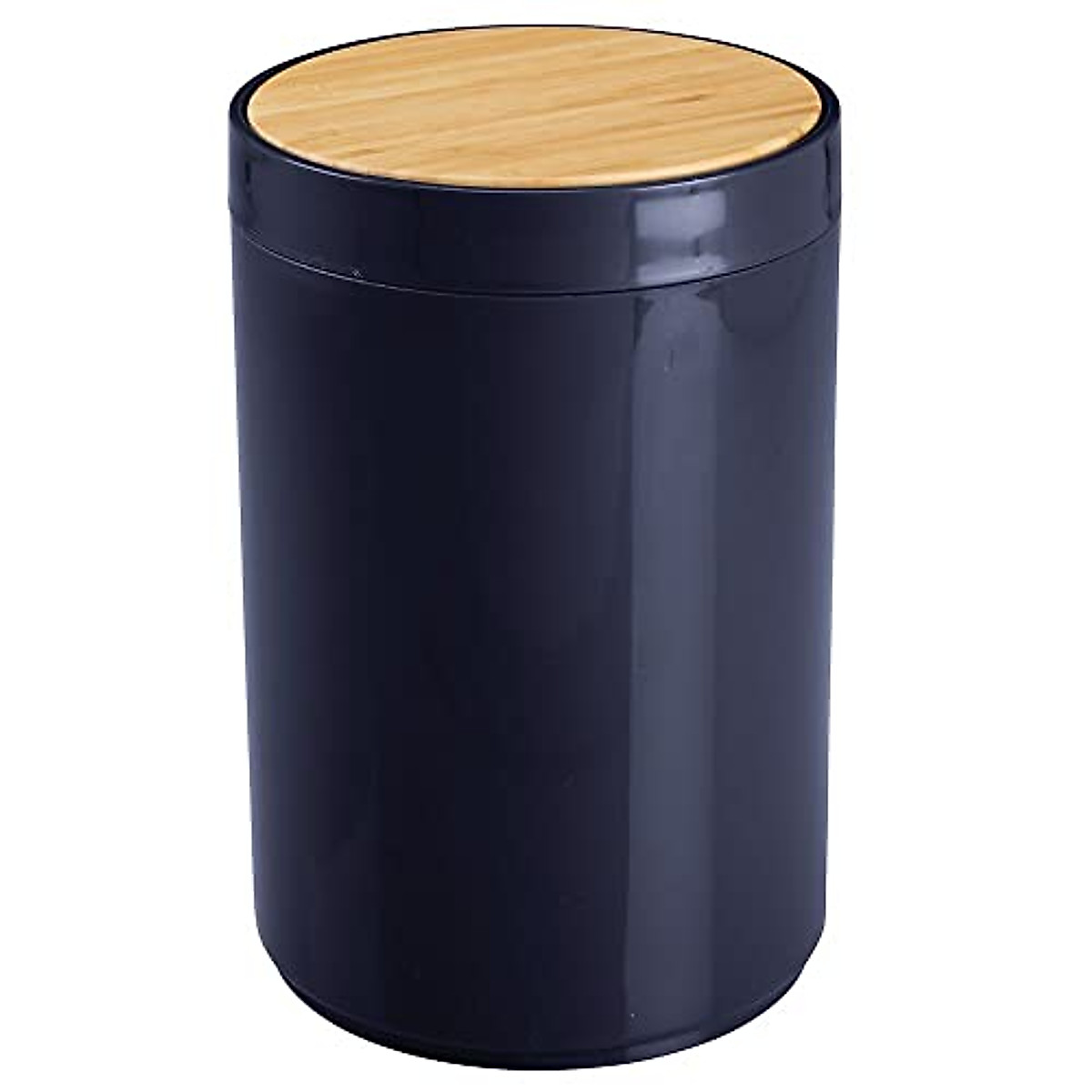 mDesign Plastic Round Trash Can Small Wastebasket, Garbage Bin Container with Swing-Close Lid, Kitchen, Bathroom, Home Office, Bedroom Basket; Holds Waste, Recycling,1.3 Gallon -Navy Blue/Natural