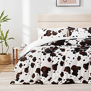Cozy Bliss Fluffy Comforter Set Queen Size Cow Print, Farmhouse Sherpa Bed Set, Ultra Soft Thick Bedding Set for Winter, 3 Pieces, 1 Fuzzy Comforter & 2 Pillow Shams