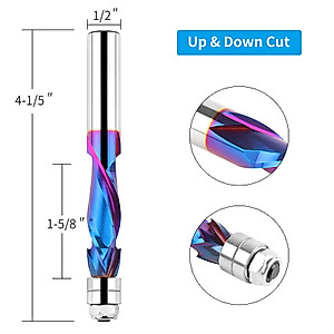 EANOSIC Spiral Compression Flush Trim Router Bit 1/2 Inch Shank, 1-1/2 Inch Cutting Length, Extra Long 4 Inch, Solid Carbide UP/Down Cut Spiral Router Bits with Bottom Bearing for Wood Trimming (Blue