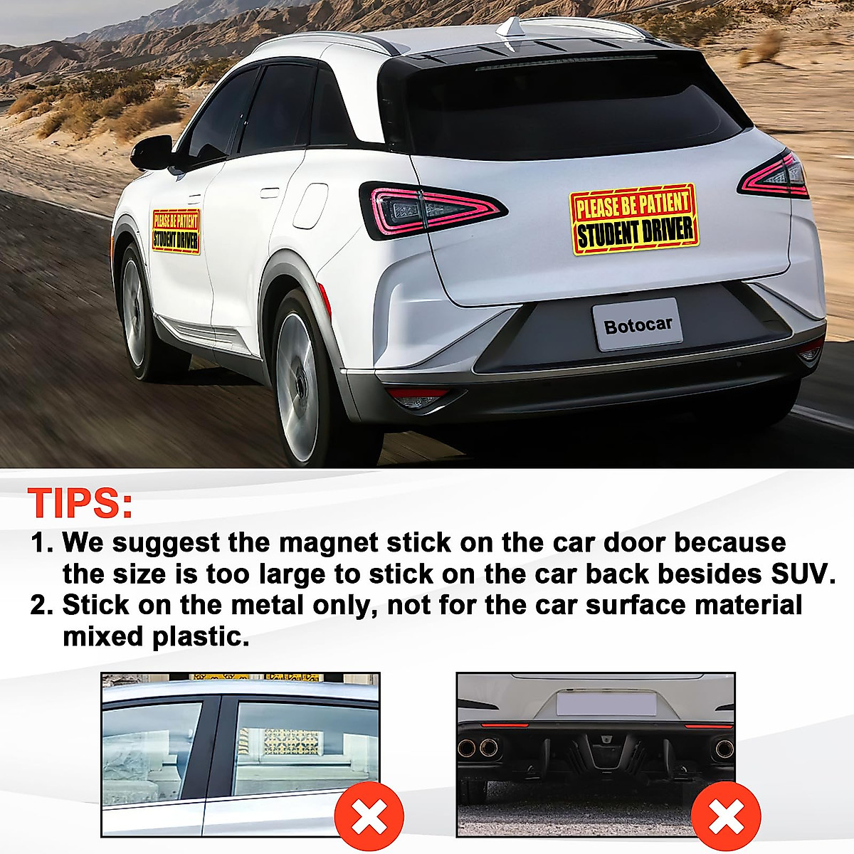 Botocar Student Driver Car Magnet, 2 Pack Super Large Please Be Patient Student Driver Signs for Car, Reflective New Driver Vehicle Bumper Magnetic Sticker, Novice Driver Safety Warning Sign, 12×6in