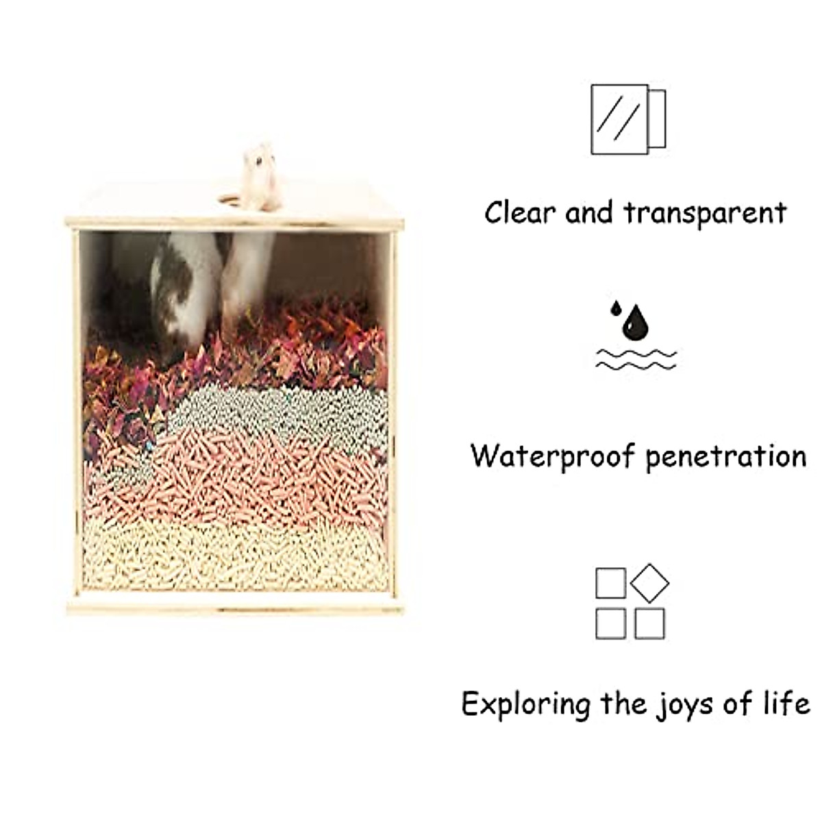 Wooden Hamster Hideout & Exploration House Hamster Sand Bath Container Small Animal Digging Box with Acrylic Transparent Board for Hamsters Mice