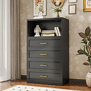 RISTERN 4-Drawer with Hollow Metal Dresser for Bedroom, Closet Dressers Chest with Fluted Panel, Tall Wide Dresser, Large Storage Space for Bedroom, Living Room, Black, 15.75" D x 31.5" W x 52.44" H