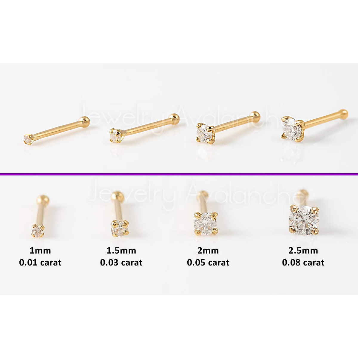 Jewelry Avalanche 22G Solid 14Kt Gold Nose Bone Stud with Prong Set real Diamond Gemstone, 14kt Yellow Gold or 14kt White Gold - April Birthstone Nose Ring-NBYG_WD-2.5MM