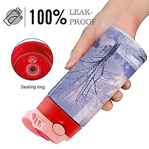 Stainless Steel Water Bottles Winter Landscape Travel Water Cups with Handle And Silicone Straw Drinking Cup with Leak Proof Lid Thermo Travel Mug for Women Men