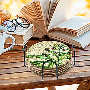 6 Pcs Leaves Diamond Art Painting Coasters Kits with Holder DIY Green Leave Diamond Art Coaster Non Slip Coaster for Adults Diamond Painting Kits Supplies