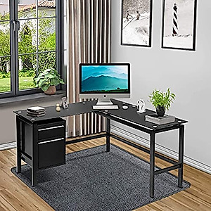 Greenvelly Black L Shaped Office Computer Desk with Storage Drawers, 56” Metal Black Home Desk with Tempered Glass Top, Modern Study Writing Table for Workstation (Metal Steel Frame)