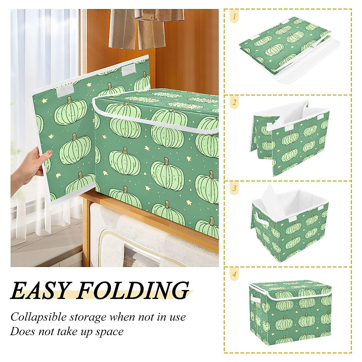 DALAWU Containers Baskets with Lids Green Pumpkin Fabric Foldable Storage Bins Organizer with Lid Collapsible Storage Boxes for Home Bedroom Closet Office