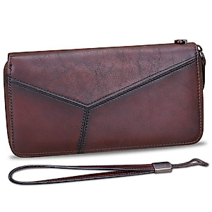 LRTO Genuine Leather Wallets for Women Zip Around Wallet Purse RFID-Blocking Retro Handmade Clutch Money Clip Card Organizer (Coffee)