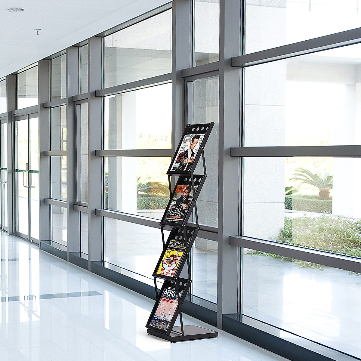 WERTIRUNG Brochure Magazine Catalog Literature Display, Literature Catalog Rack with Carrying Bag, Foldable Magazine Stand for Office Retail Store and Exhibition Trade Show, 4 Pockets (Black)