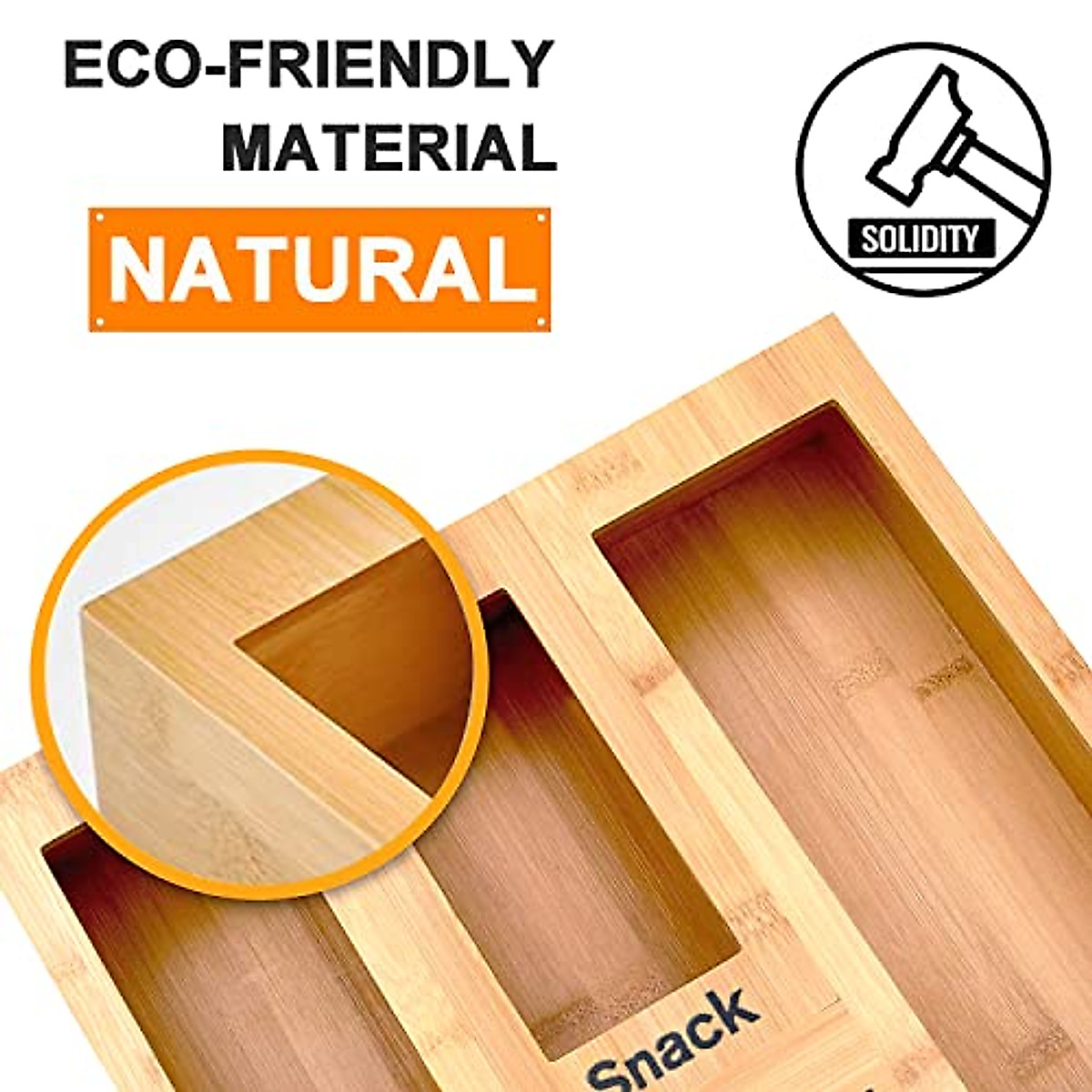 NC Ziplock bag storage organizer, 4 separate Baggie Organizer for Drawer，Bamboo Organizer Compatible with Gallon, Quart, Sandwich and Snack Variety Size Bag