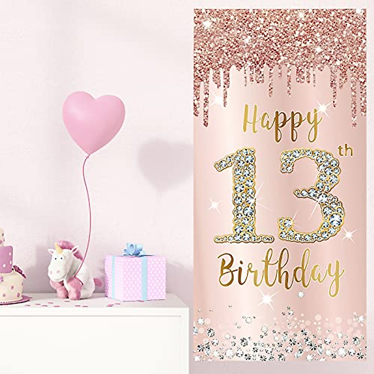 Happy 13th Birthday Door Banner Backdrop Decorations for Girls, Pink Rose Gold 13 Birthday Party Door Cover Sign Supplies, Thirteenth Year Old Birthday Poster Background Photo Booth Props Decor
