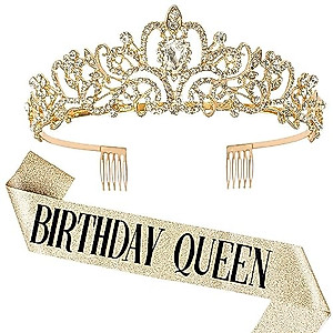 AFBORD 2Pcs Birthday Crown for Women Shiny Rhinestone Birthday Tiara Crowns Belt Set Girls Princess Crown with Combs Birthday Party Decoration Golden