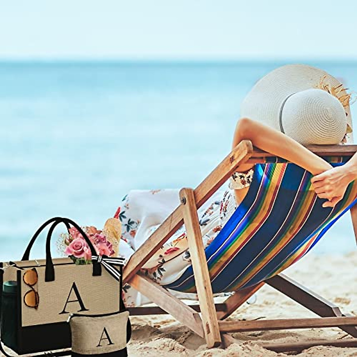 YOOLIFE Gifts for Women - Initial Jute Tote Bag with Makeup Bag Personalized Gifts for Women Beach K Initial Tote Bag with Zipper Birthday Gifts for Women Bride Teacher Gifts Mom Birthday Gifts