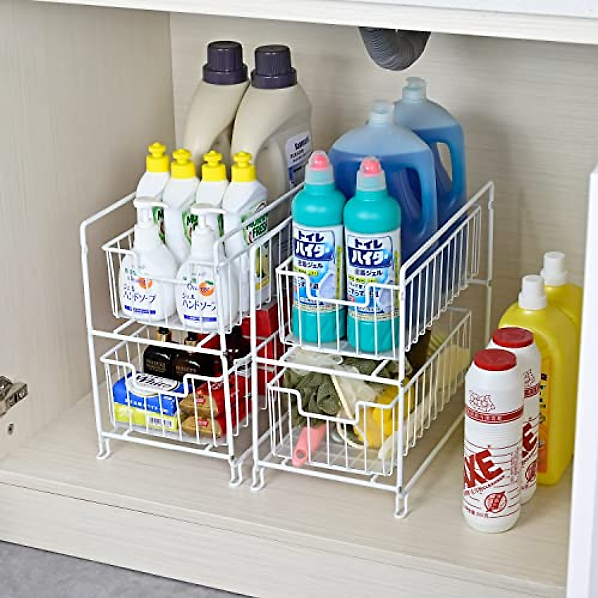 SUFAUY 2 Pack Stackable 2-Tier Under Sink Cabinet Organizer with Sliding Drawer for Pantry Organization or Kitchen Storage, White