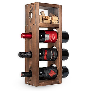 Rustic State Sonoma Countertop Wood Vertical Wine Rack with Cork Storage - Freestanding Tabletop Liquor Holder Shelf Organizer - Holds 3 Bottles - Home Kitchen Dining Room Bar Décor - Burnt Brown