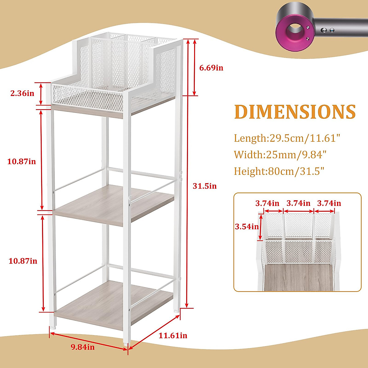 Yuyetuyo Hair Tool Organizer Bathroom Storage Shelf 3-Tier Hair Dryer Holder with 3 Grids - Makeup Organizer Slim Floor Stand, Cosmetic Shelf Flat/Curling Irons Hair Straighteners Holder -White