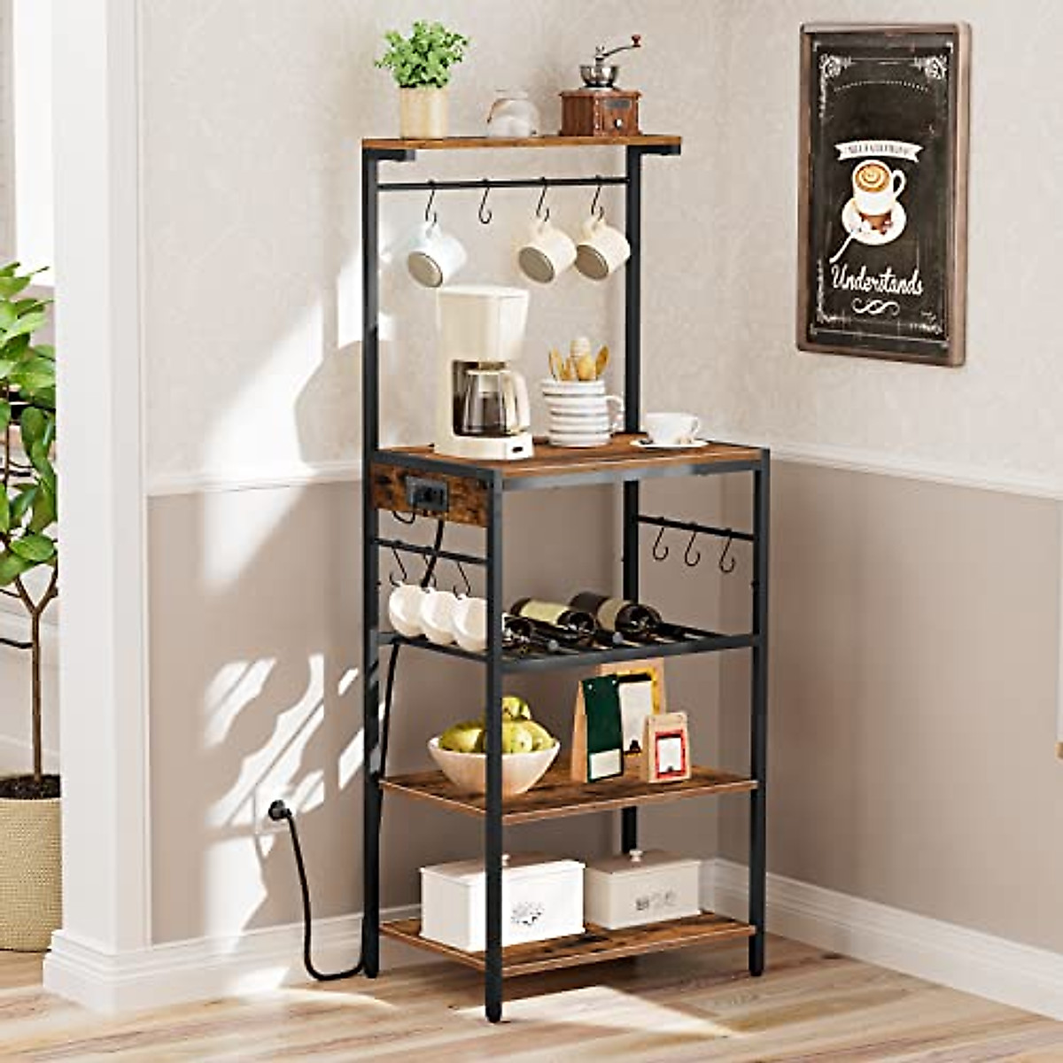 HOOBRO Bakers Rack with Power Outlet, 4-Tier Microwave Stand with Adjustable Wine Rack, Coffee Bar with 10 S-Shaped Hooks, for Kitchen, Living Room, Dinning Room, Rustic Brown BF60UHB01