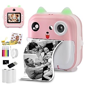Kids Camera Instant Print Toddler Digital Camera with 1080P HD Video Camera, 2.4"IPS Screen Printing Instant Camera Birthday Gifts for Girls Boys 3-12, 48MP Camera with Phone Connected 32GB Card, Pink