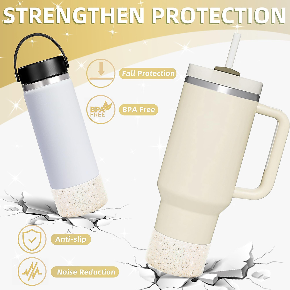 Vmini Protective Glitter Silicone Boot, Compatible with Stanley Tumbler 20-40oz & Hydro Flask Water Bottle 12-24oz and More Bottles/Tumblers with 2.8-2.95in Bottom, Bling Anti-Slip Sleeve Cover