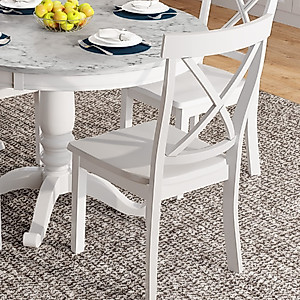 OPTOUGH 5 Piece Round Dining Table Set for 4, Marble Veneer and X Back 4 Solid Wood Chairs, 42-Inch, White