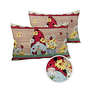 Lumbar Pillow Covers 12 x 20 Inches, Ladybug Gnome Waterproof Pillow Protector Set of 2 Throw Pillowcases Cover, Summer Spring Flroal Wood Board Rectangle Cushion Covers for Patio/Tent/Couch/Garden