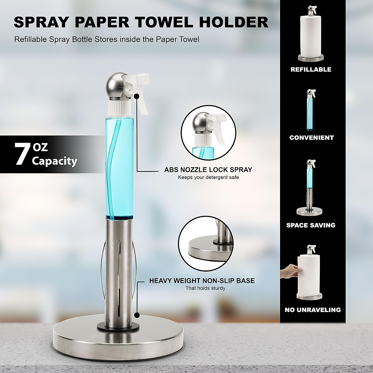 Everyday Solutions Spray Bottle Paper Towel Holder - Space Saving Countertop Paper Towel Roll Holder w/ Hidden Removable 7oz Spray Bottle - Rust-Resistant Stainless Steel & Reusable Heavy Duty Plastic