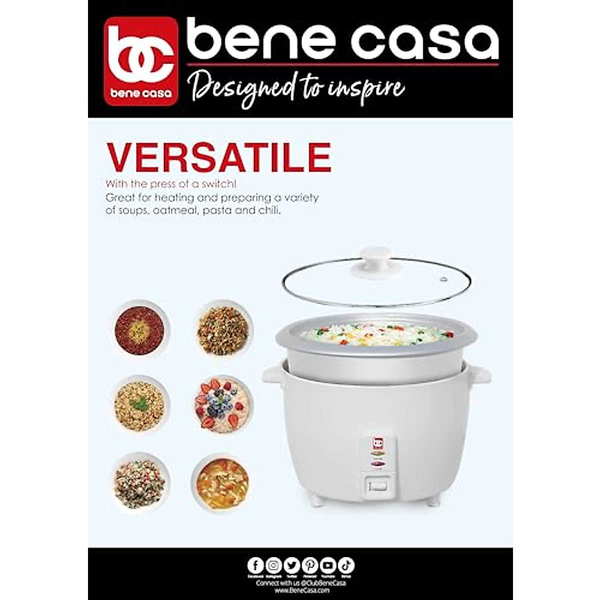 Bene Casa - Rice Cooker with Glass Lid - Includes Nonstick Aluminum Inner Pot and a 12 Hour Keep Warm Feature - Cooks Up to 12 Cups of Rice (6 Cups Uncooked)