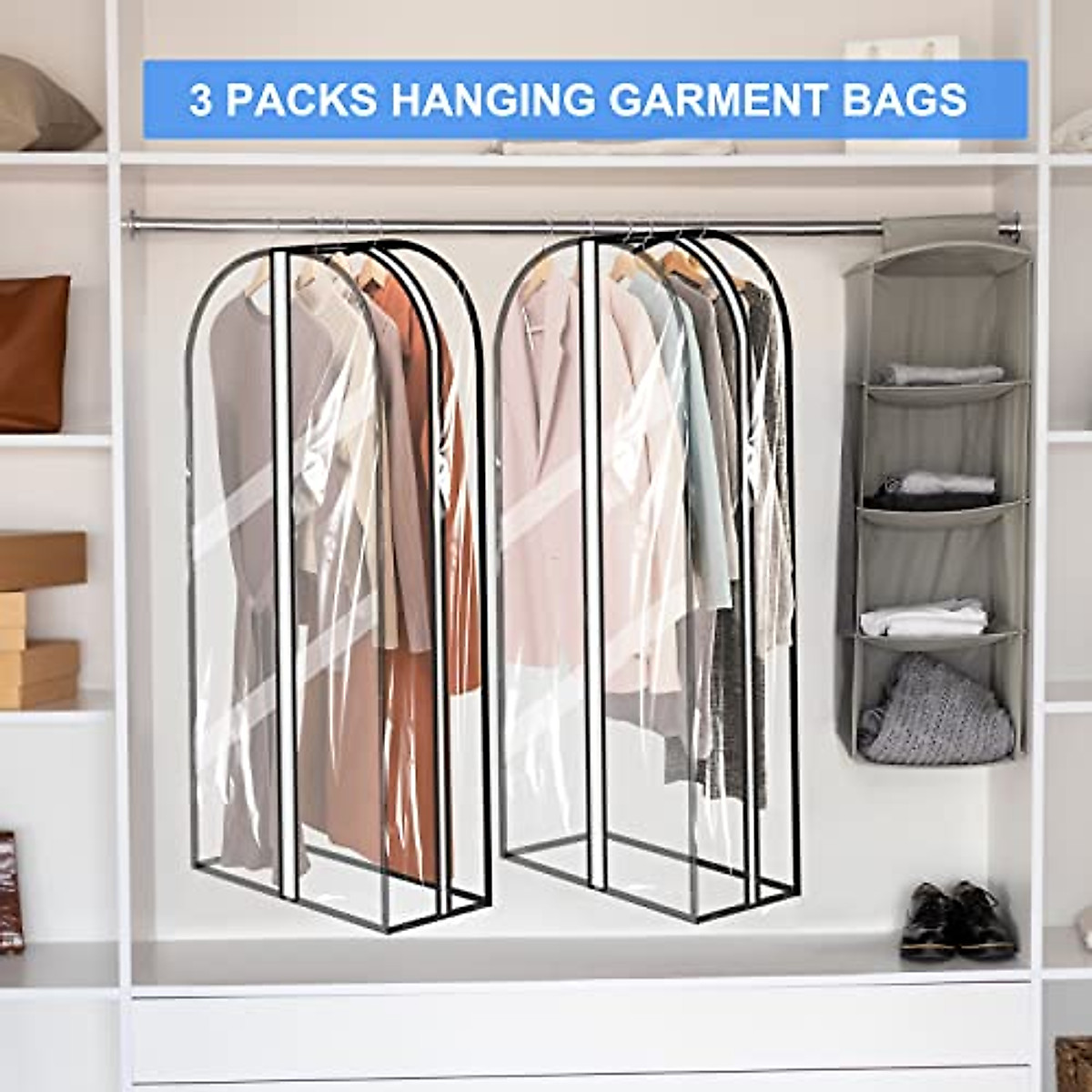 40" Garment Bags for Hanging Clothes Storage with 12" Gussetes, 3 Pack Double Zip Closure Clear Dust Storage Cover, Moving Bags for Coat Jacket Sweater Shirts - 40*24*12 inch
