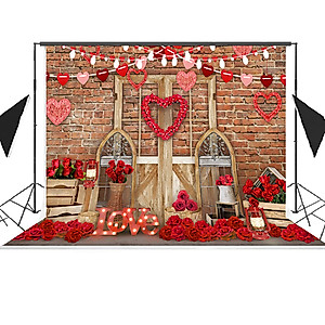 Lofaris Happy Valentine's Mother’s Day Photography Backdrops Brick Wall Wood Door and Red Rose Flower Love Heart Lights Background Birthday Baby Shower Party Decorations Portrait Photo Booth Props