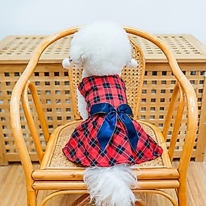 Elegant Bowtie Plaid Dog Dress Cute Checked Puppy Skirt Pet Outfit Clothes for Small Medium Cats Dogs(Red S)