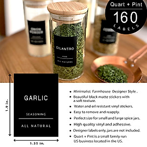 Quart + Pint 160 Spice Jar Labels: Minimalist Matte Black Sticker White Text. Waterproof Stickers. Organization for Jars Bottles Containers Bins. Storage Rack Systems for Kitchen & Pantry Labels.