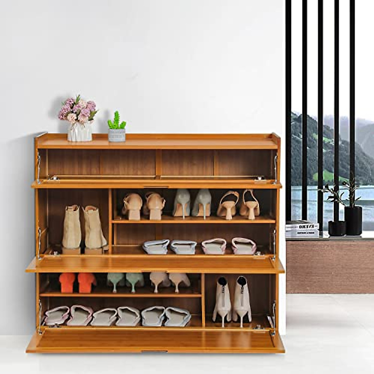 MoNiBloom Bamboo 5 Tier Shoe Storage Cabinet with Pull-Down Doors for Heels Sneakers Shoes Rack Organizer for 31-35 Pairs Entryway Hallway Living Room, Brown