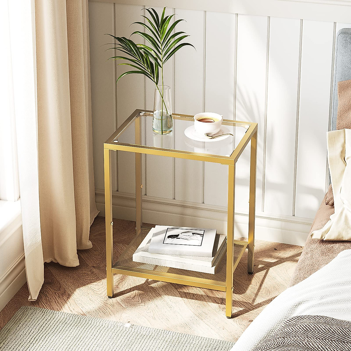 MAHANCRIS End Tables Set of 2, Side Table with Tempered Glass Top, Narrow Beside Table for Small Space, 2-Tier Nightstand with Storage Shelf, for Sofa Couch and Bed, Easy Assembly, Gold ETJ24B01S2Z1