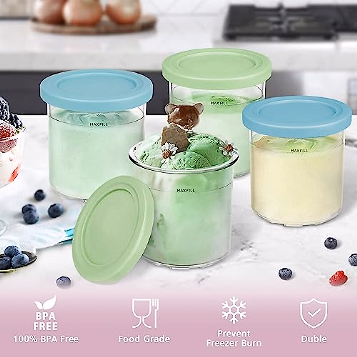 Favuit Pint Containers with Lids Ice Cream Storage Containers Compatible with NC299AMZ & NC300s Series Ice Cream Makers 2 Pack Replacement for Pints and Lids BPA-Free & Dishwasher Safe(Green Blue)