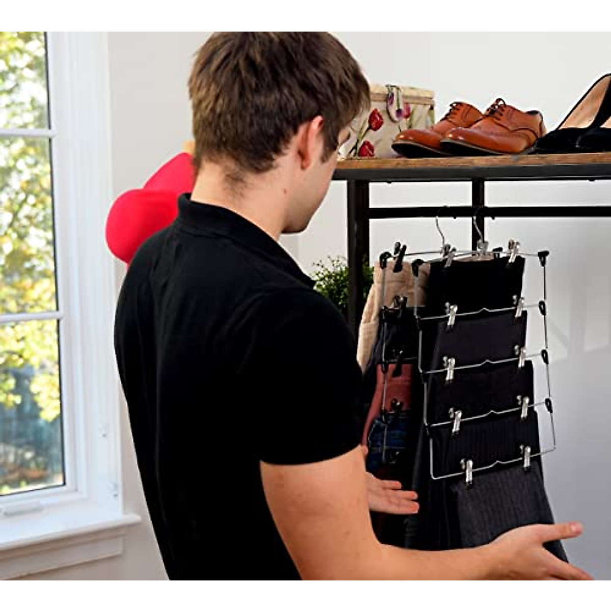 5-Tier Skirt Hangers with Clips (3 PK) Pant Hangers Space Saving Multiple Hangers in one Clothes Hangers with Clips Multiple Pants Hangers for Closet Bottom Hangers Metal Pants Hangers with Clips